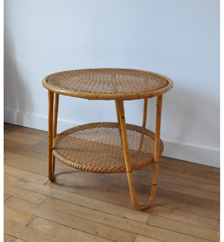 Table basse vintage en rotin et osier